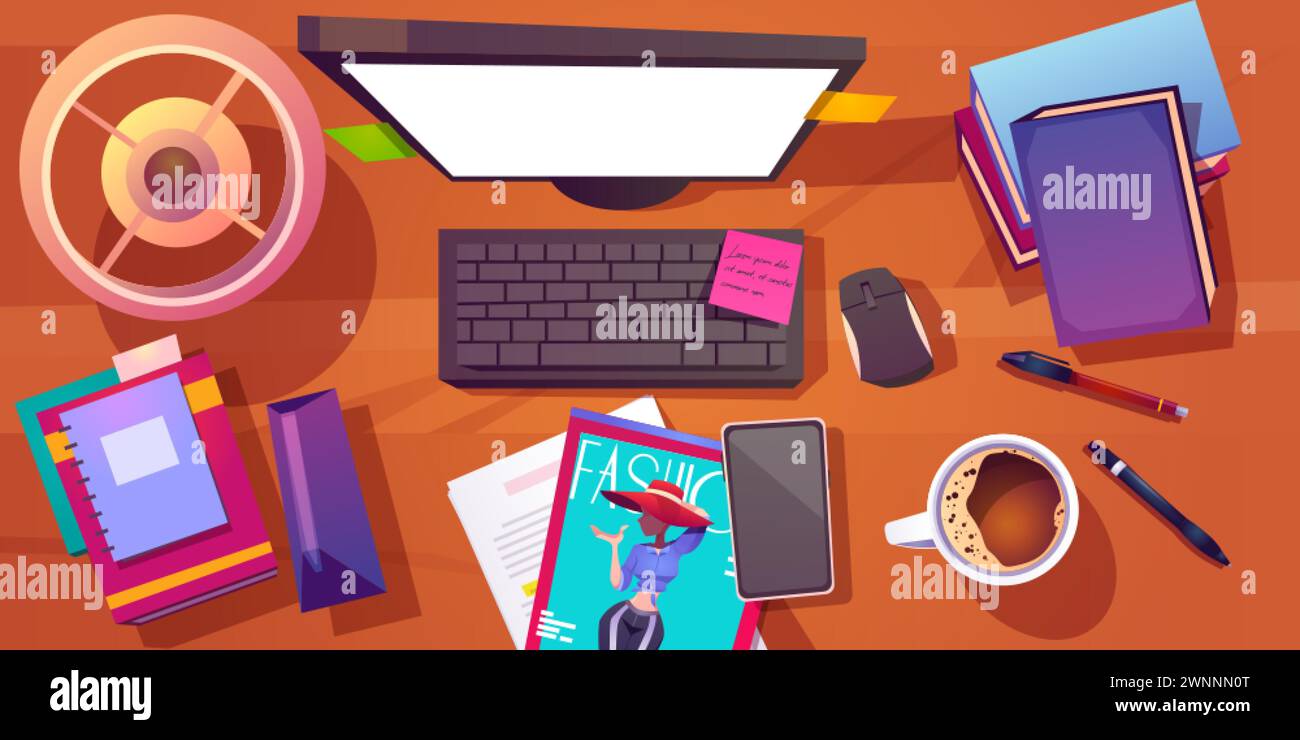 Top view on table with messy workplace. Cartoon flat lay of wooden desk ...