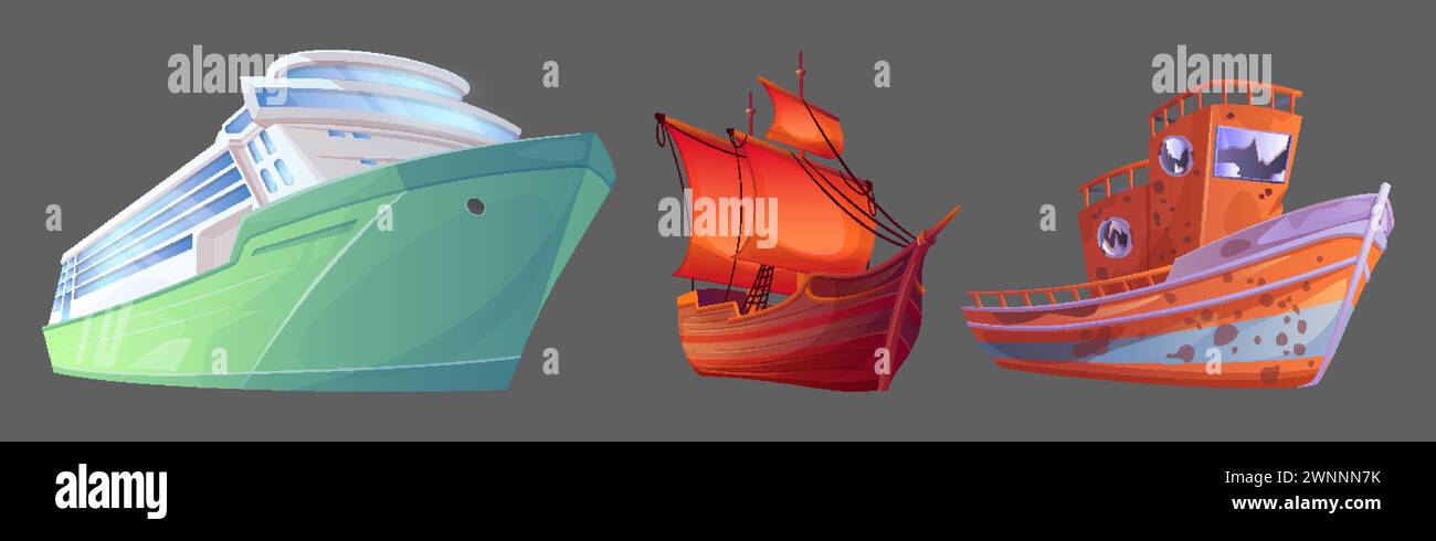 Set of ships isolated on background. Vector cartoon illustration of ...