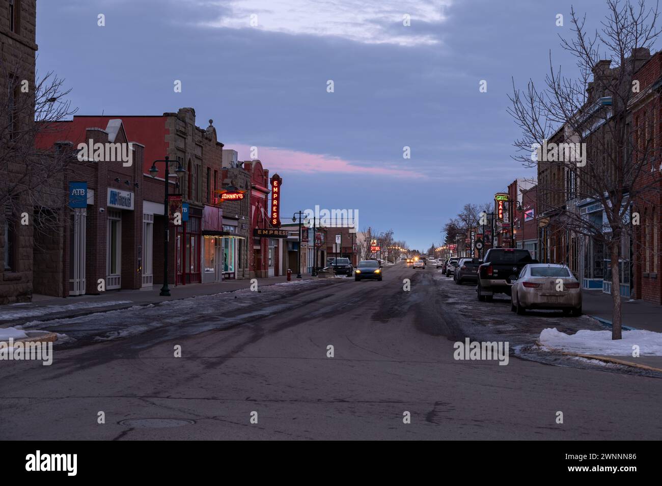 Fort MacLeod, Alberta - February 18, 2024: Buildings on the historic ...