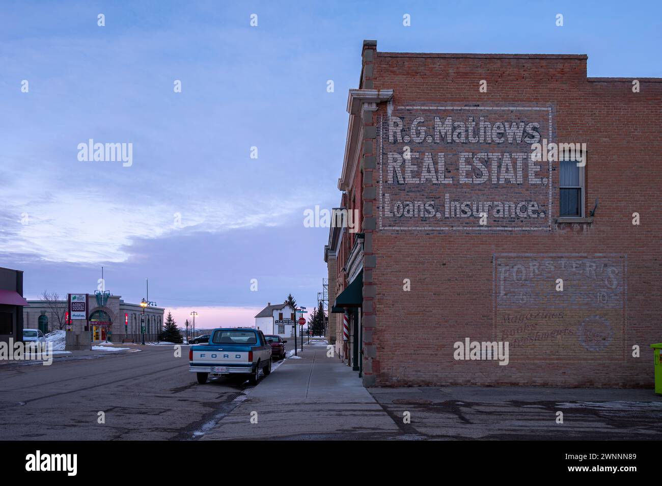 Fort MacLeod, Alberta - February 18, 2024: Buildings on the historic ...