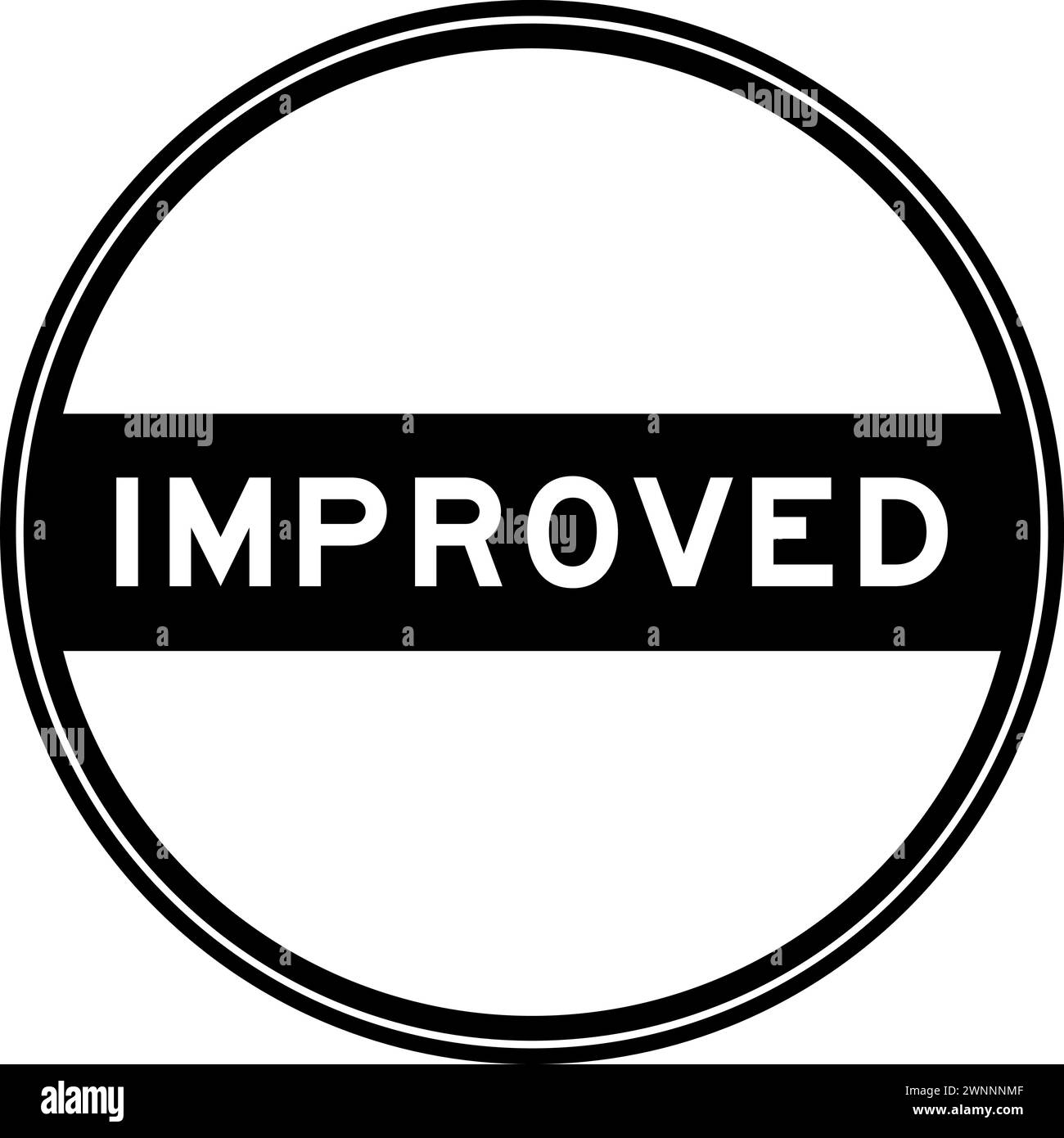 Black color round seal sticker in word improved on white background ...