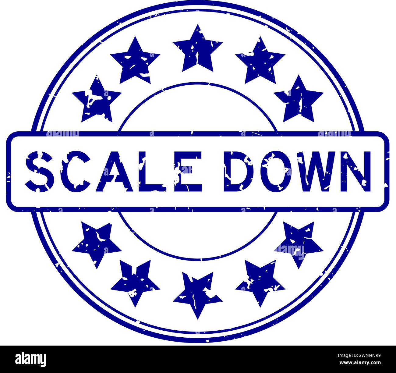 Grunge blue scale down word with star icon round rubber seal stamp on ...