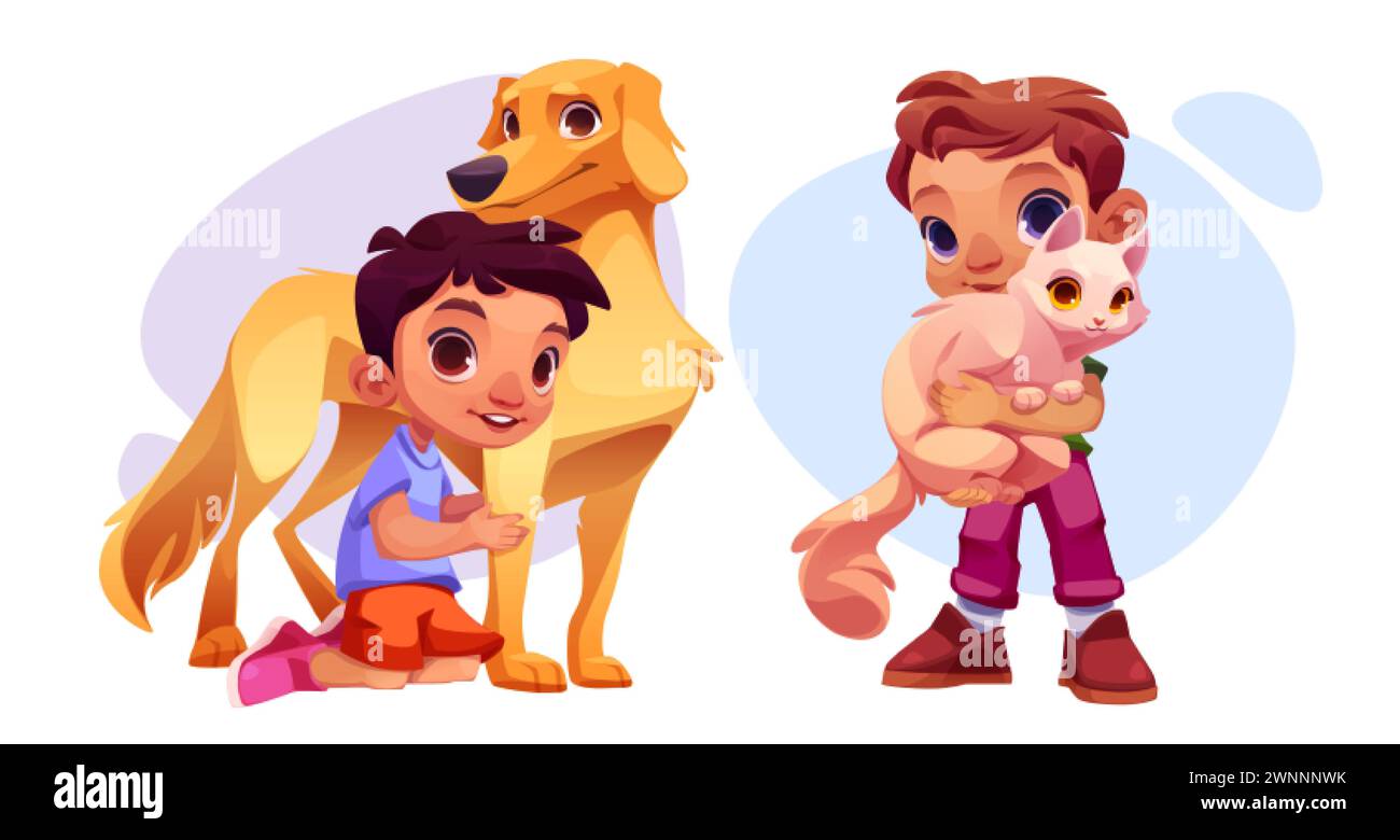 Kid boy with pet dog and cat. Happy preschool male child taking care ...