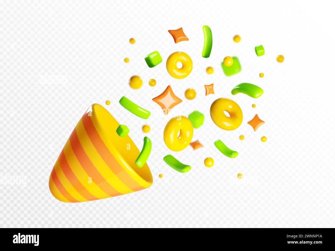 Yellow plastic party popper with flying paper confetti, stars and ...