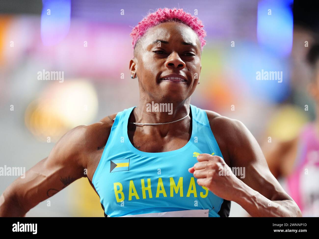 Bahamas' Devynne Charlton sets a world record taking gold in the Women's 60m Hurdle final during ...