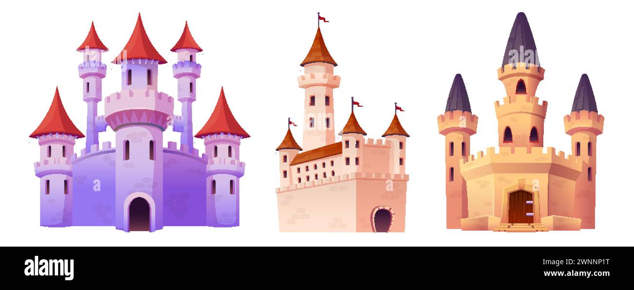 Medieval castles set isolated on white background. Vector cartoon illustration of ancient fairy ...