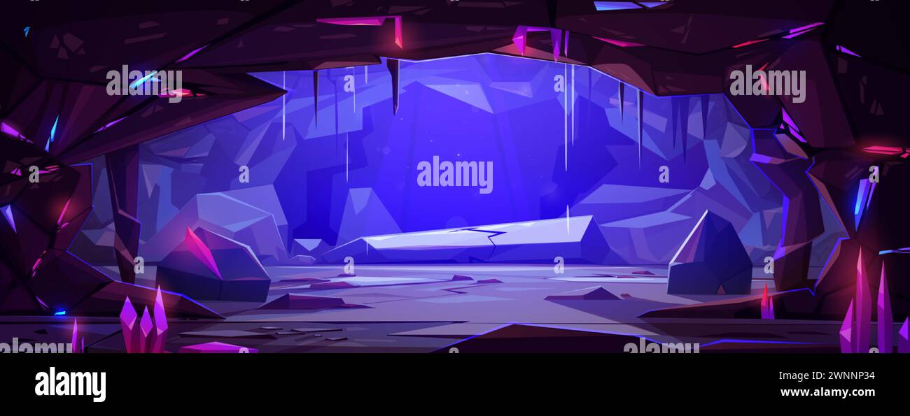 Dark underground cave interior with rays of moonlight passing from ...