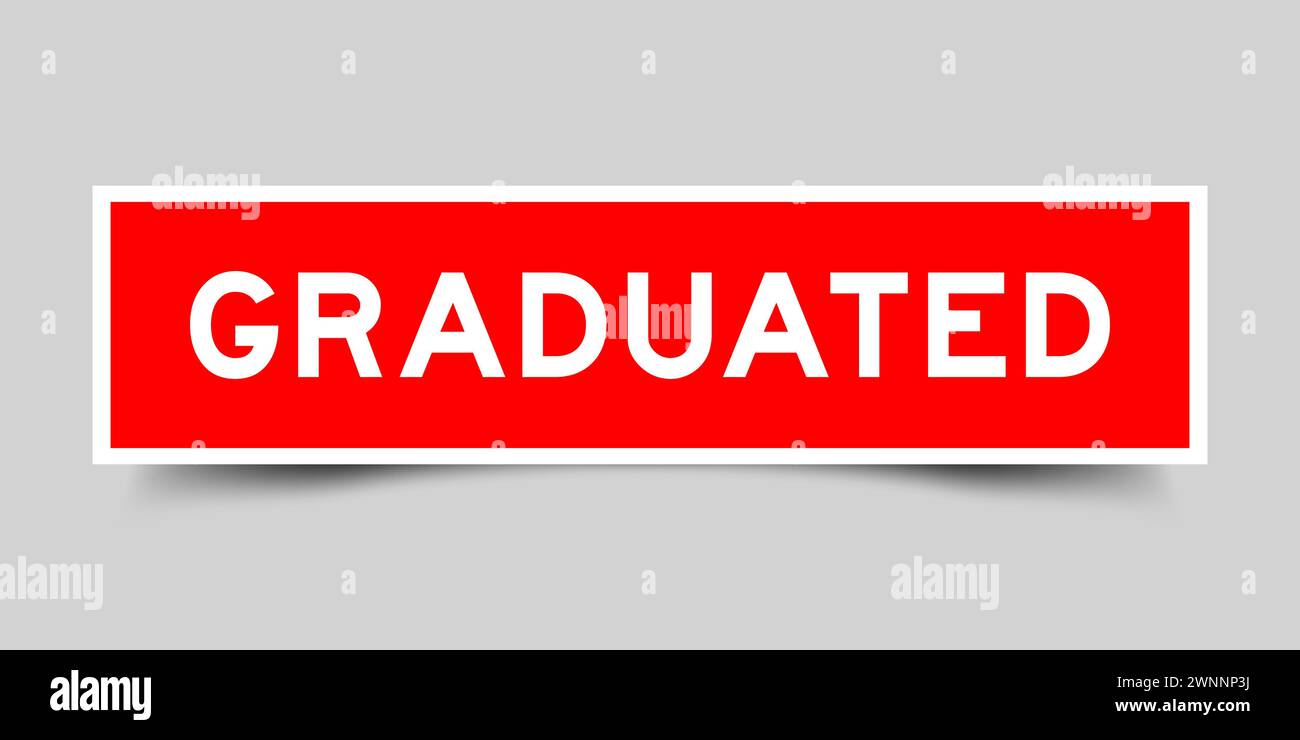 Red color square shape sticker label with word graduated on gray ...