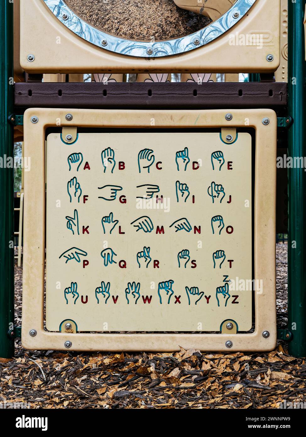 Sign language alphabet sign on a playground set in a residential ...