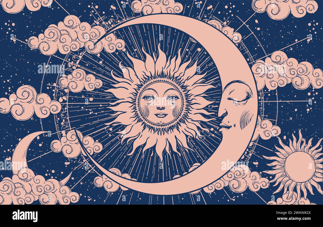 Mystical celestial astrology banner with sun and moon with face, vector ...