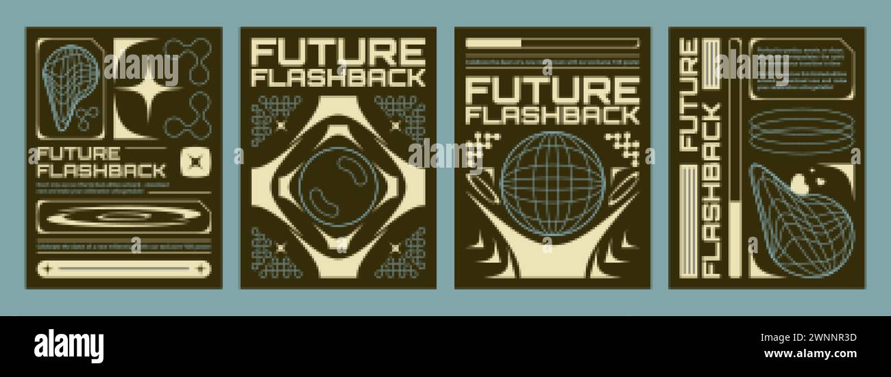 Retro futuristic vibe flyers set. Vector realistic illustration of y2k ...