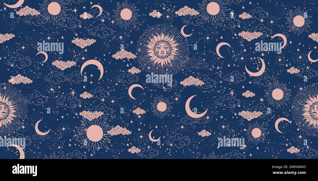 Sun with face, clouds and stars, seamless celestial pattern for fabric ...