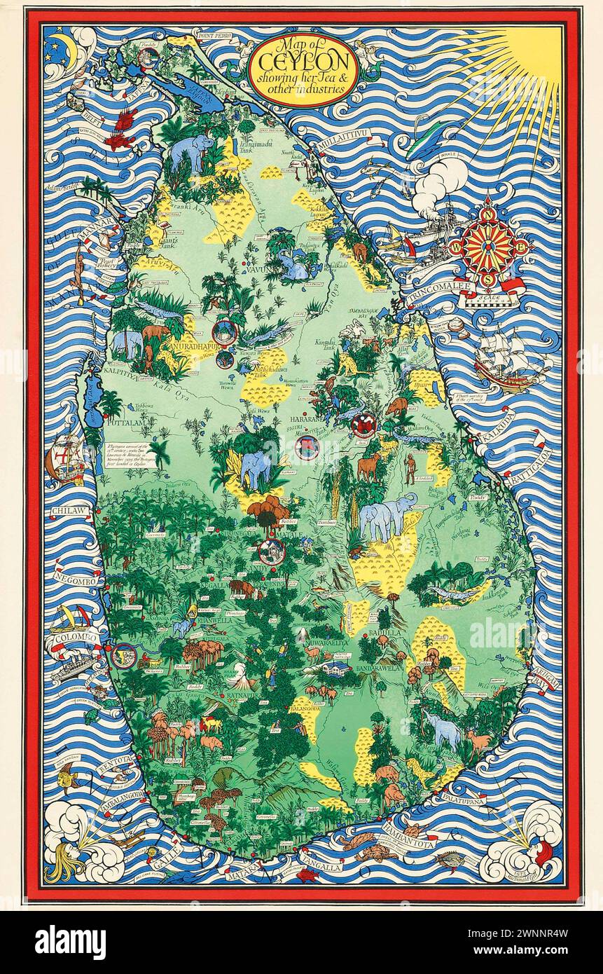 Vintage Illustrated Specialised Map. Ceylon, Showing her Tea and Other ...