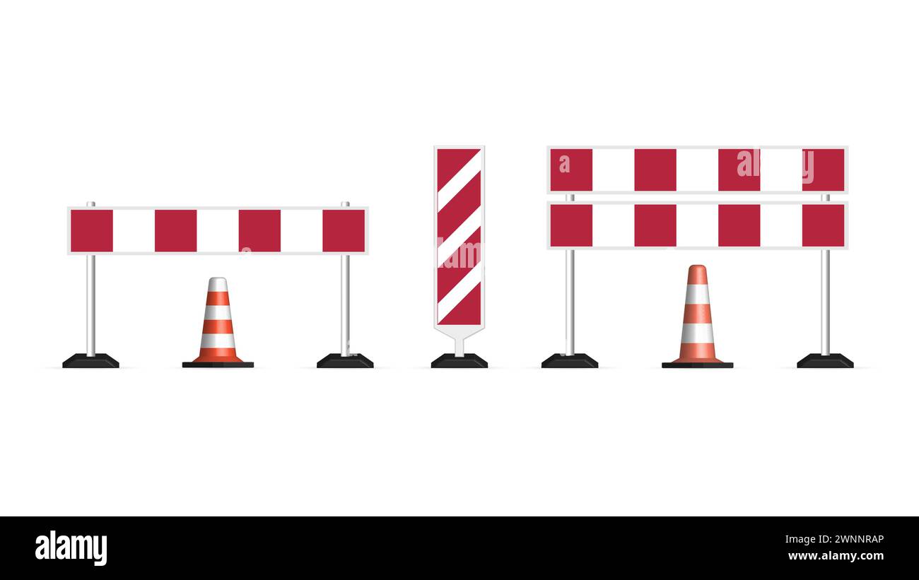 Set of various road fences isolated on a white background. Under ...