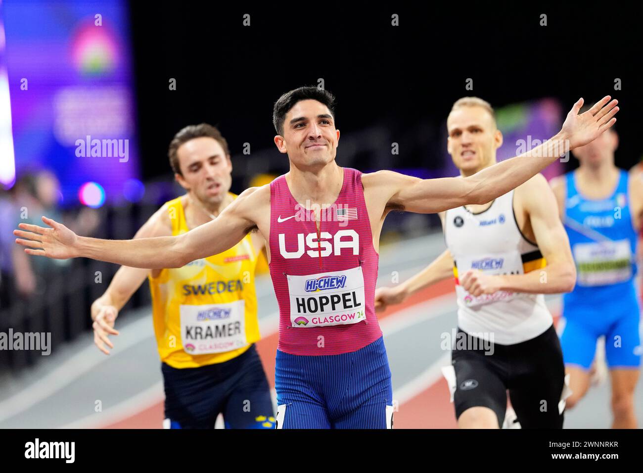 Bryce Hoppel, of the United States, crosses the finish line to win the ...