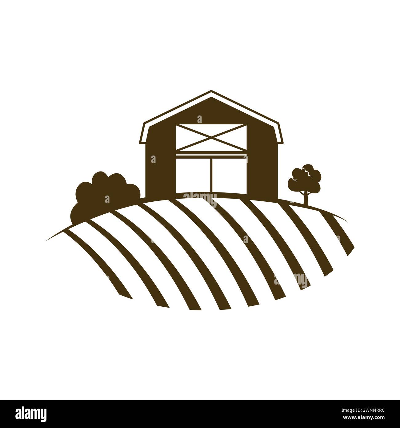 Farmhouse and tree on hill with farm field, retro scene with village ...