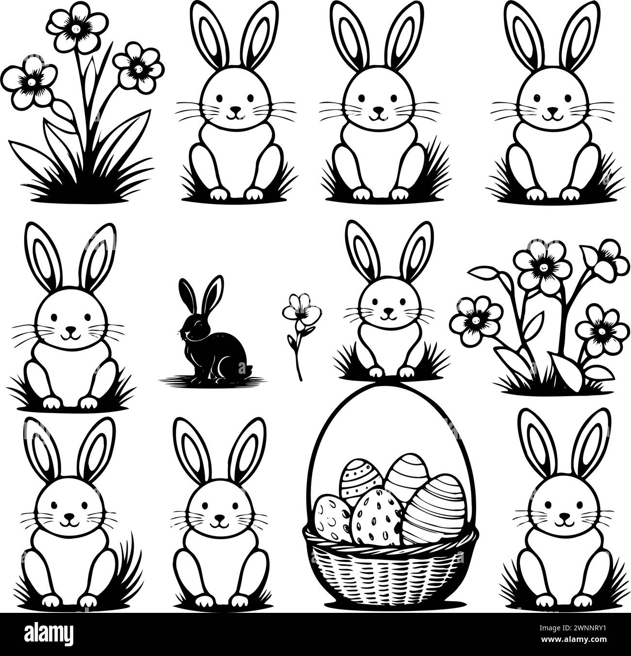 A set of black and white drawings rabbits and flowers. rabbits are ...