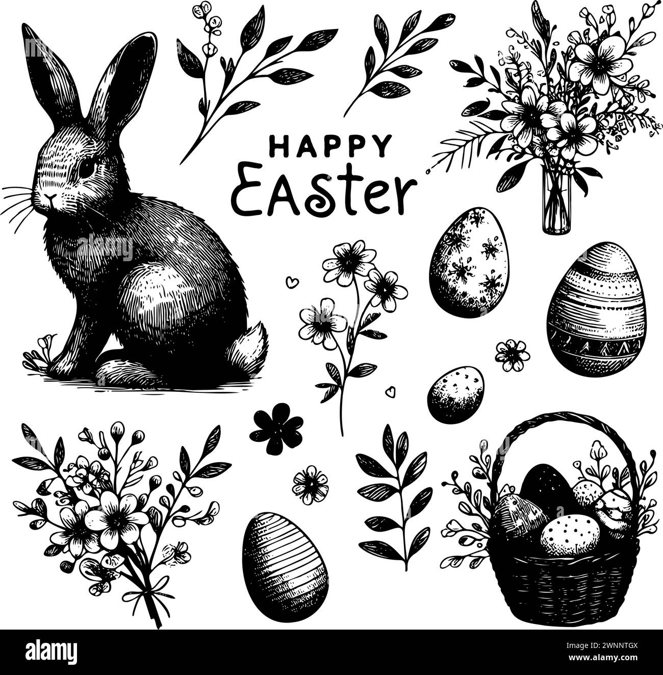 A black and white drawing rabbit and flowers with the words Happy ...