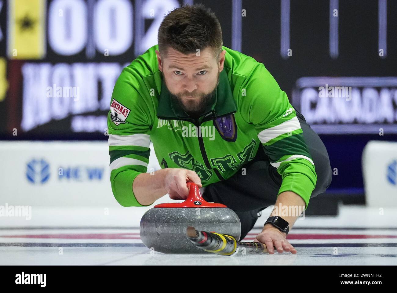 Regina, Canada. 03rd Mar, 2024. Saskatchewan skip Mike McEwen delivers a rock while playing Team ...