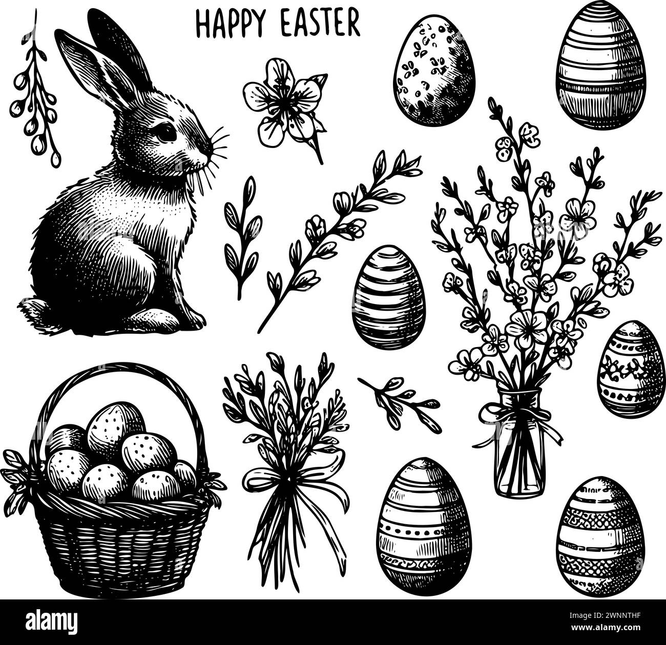 A black and white drawing rabbit sitting in a basket of eggs and ...