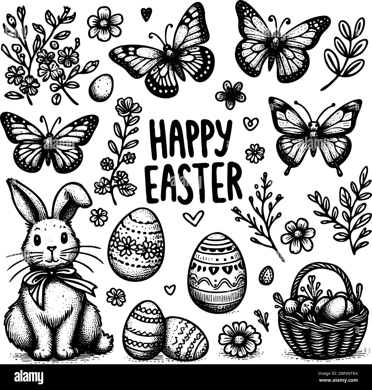 collection black and white drawings Easter-themed items, including ...