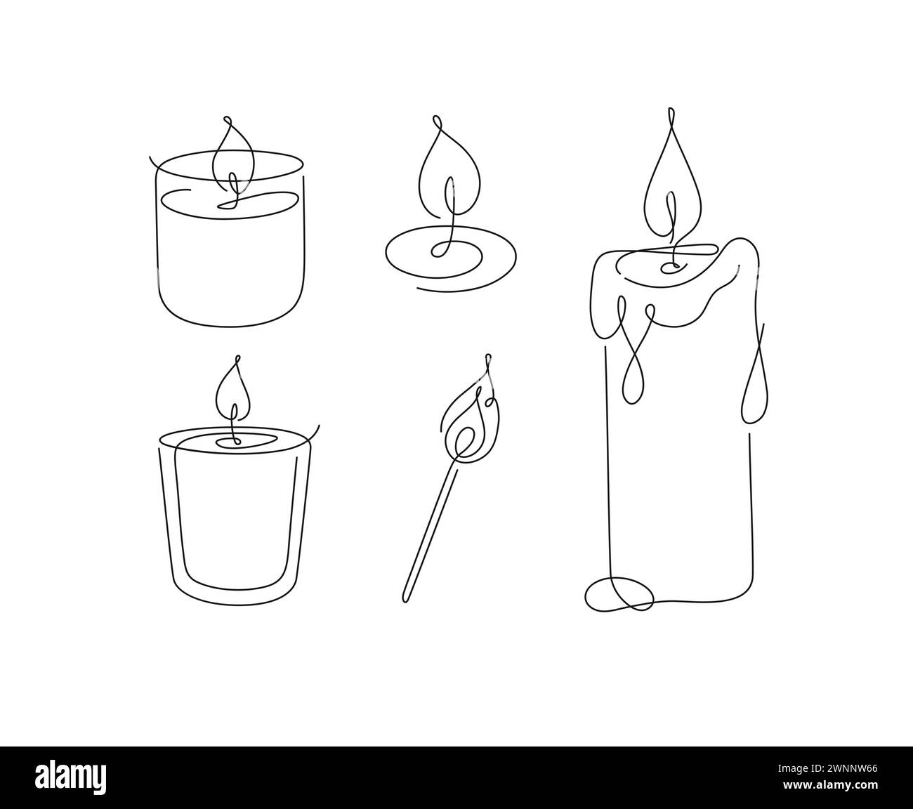 Candles glass, classic, jar, spiral, match set drawing in linear style ...
