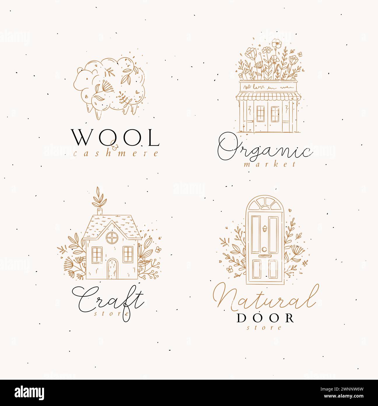 Hand drawn sheep, store, house, door labels drawing in floral style on ...