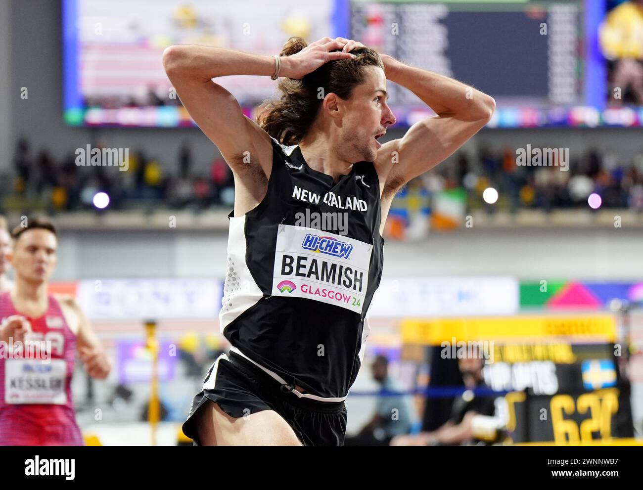 New Zealand's Geordie Beamish celebrates gold in the Men's 1500m final ...