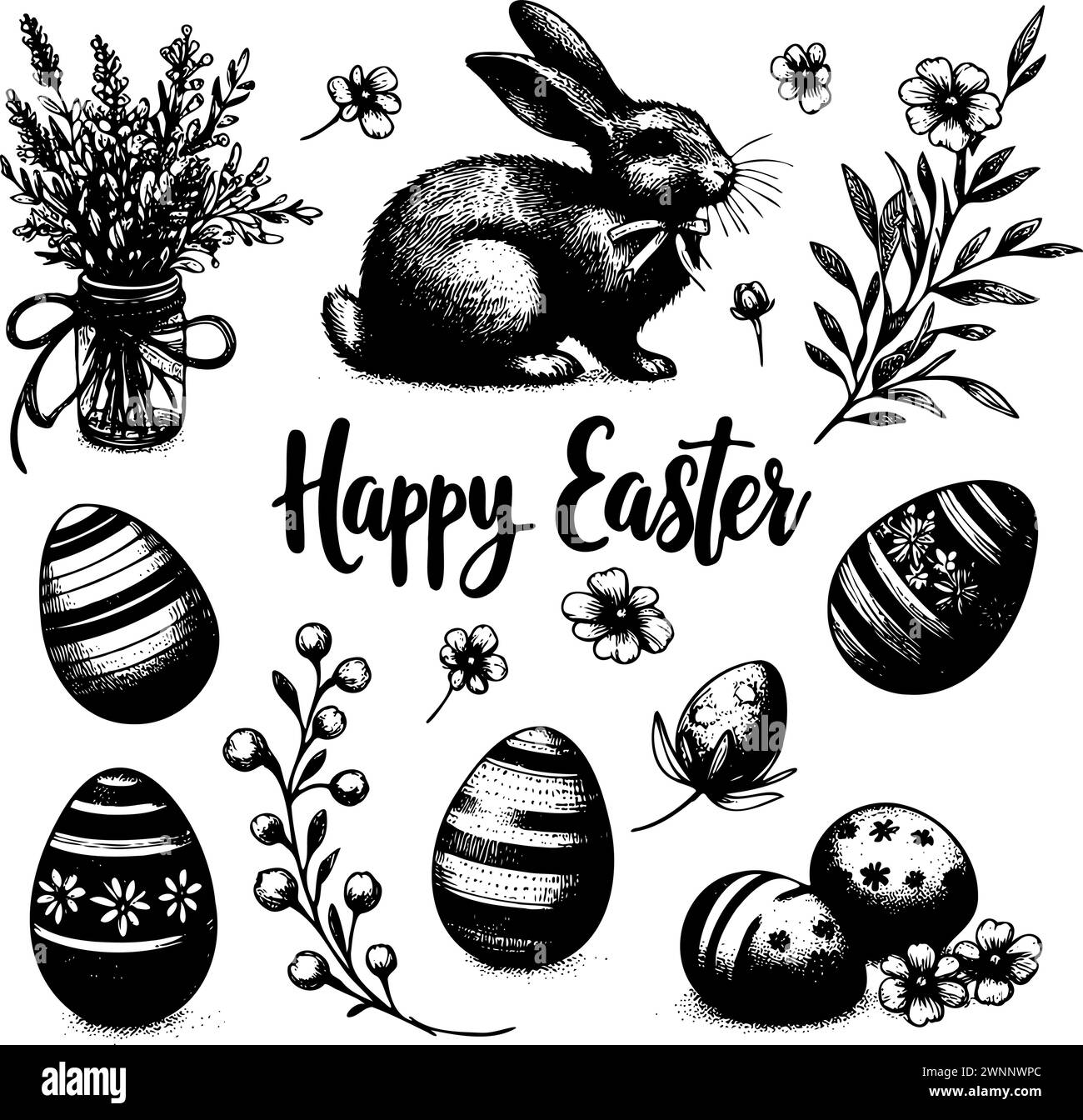 A black and white drawing rabbit sitting in front of a vase of flowers ...