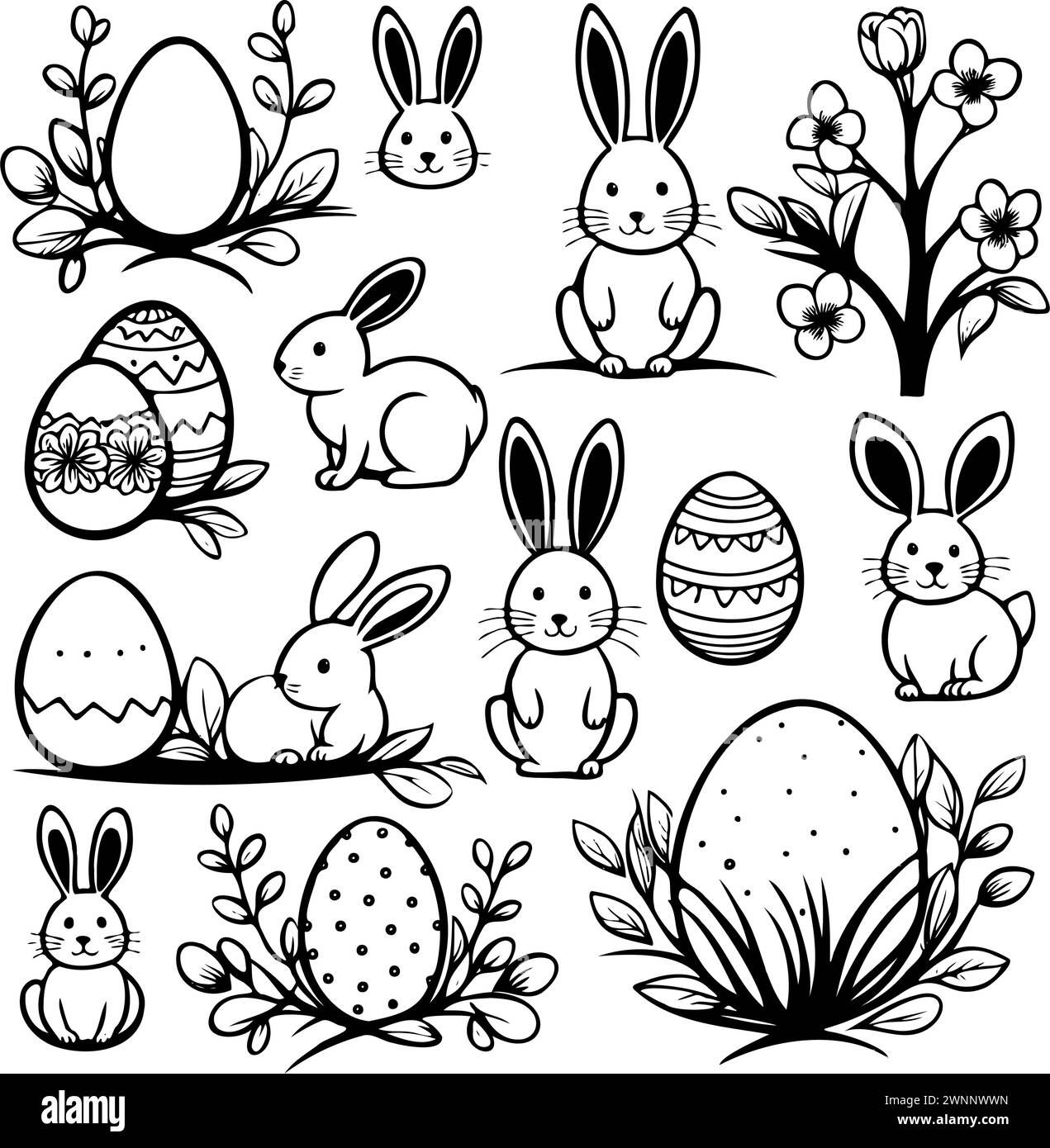 A collection Easter bunny drawings. rabbits are sitting on eggs and ...