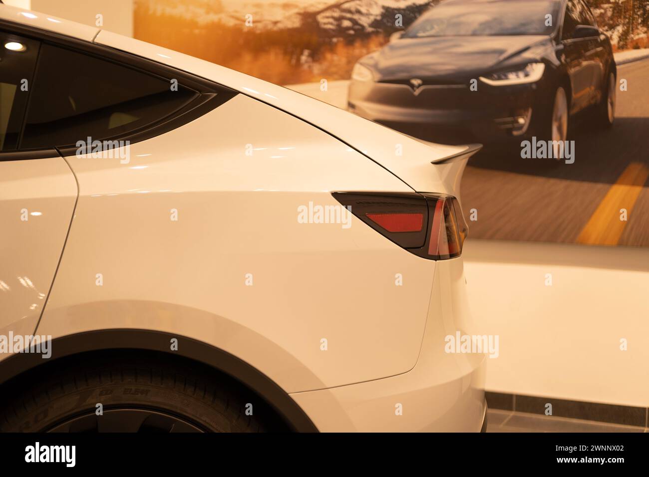 white Tesla electric car model Y in Studio, autopilot and eco-friendly ...