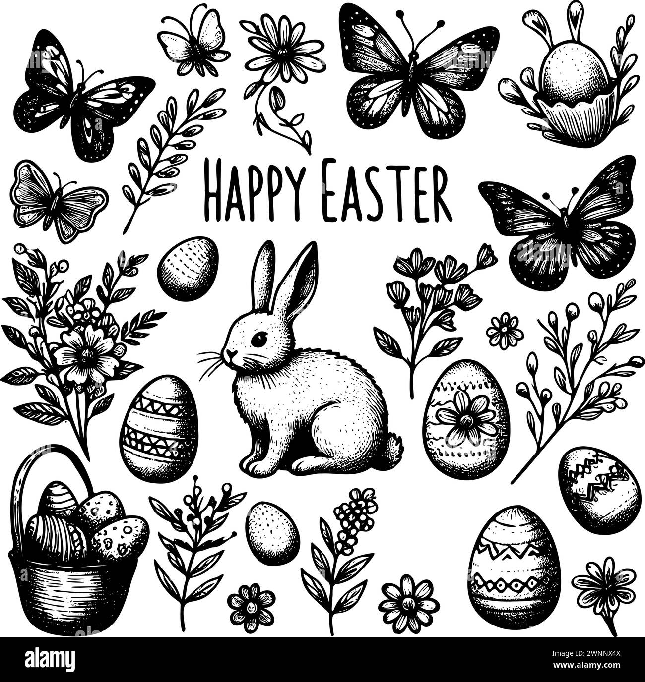 A black and white drawing Easter flowers and rabbit. The rabbit is ...