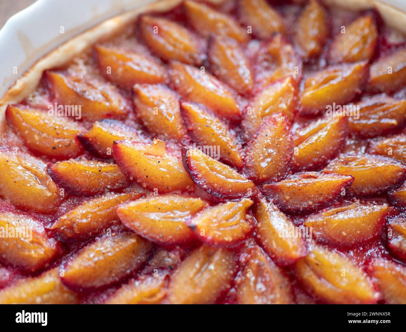 Homemade fresh purple plum pie, close up. Rustic seasonal plum tart ...