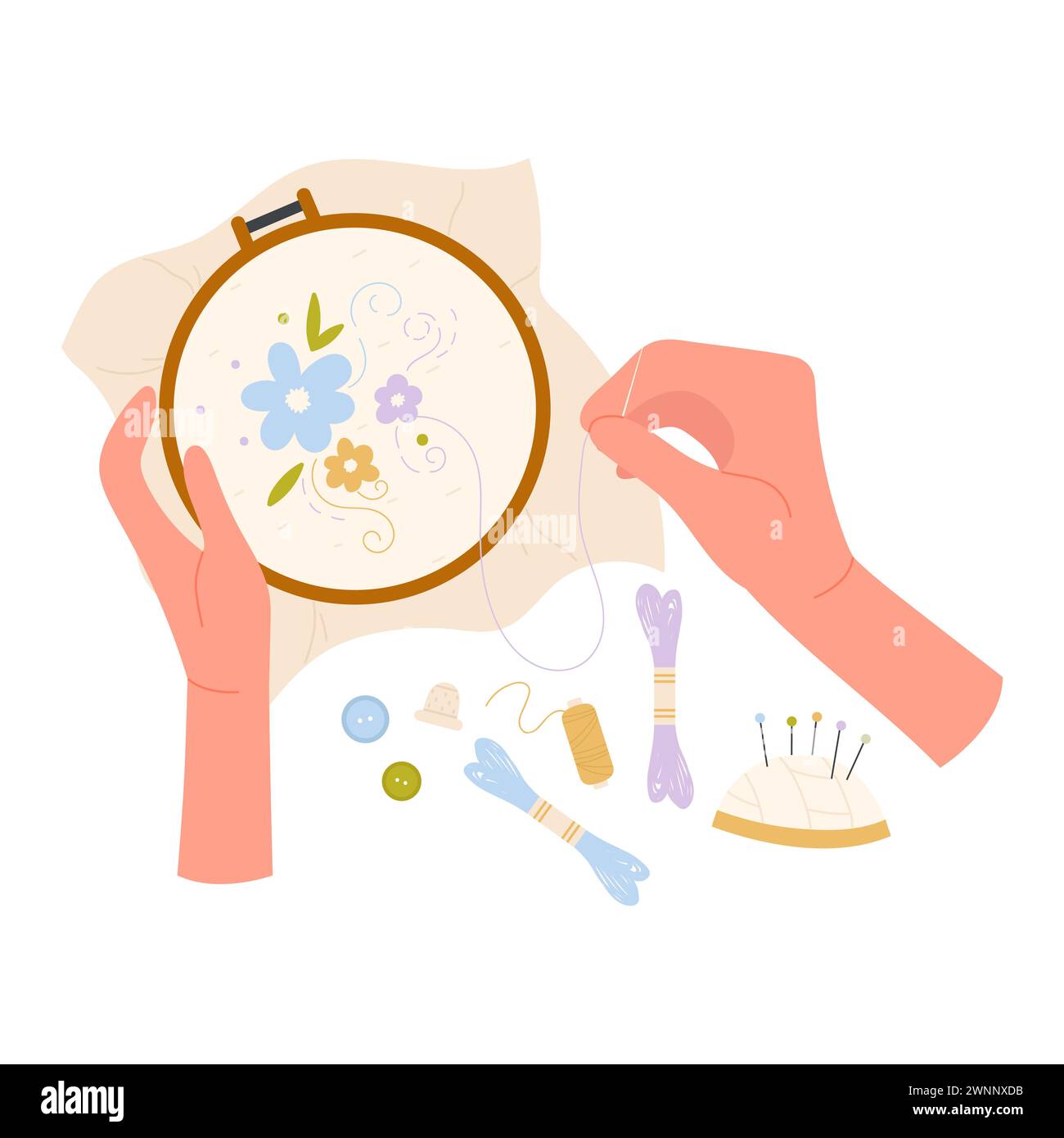 Embroidery handmade workshop. Creative handcraft hobby cartoon vector ...