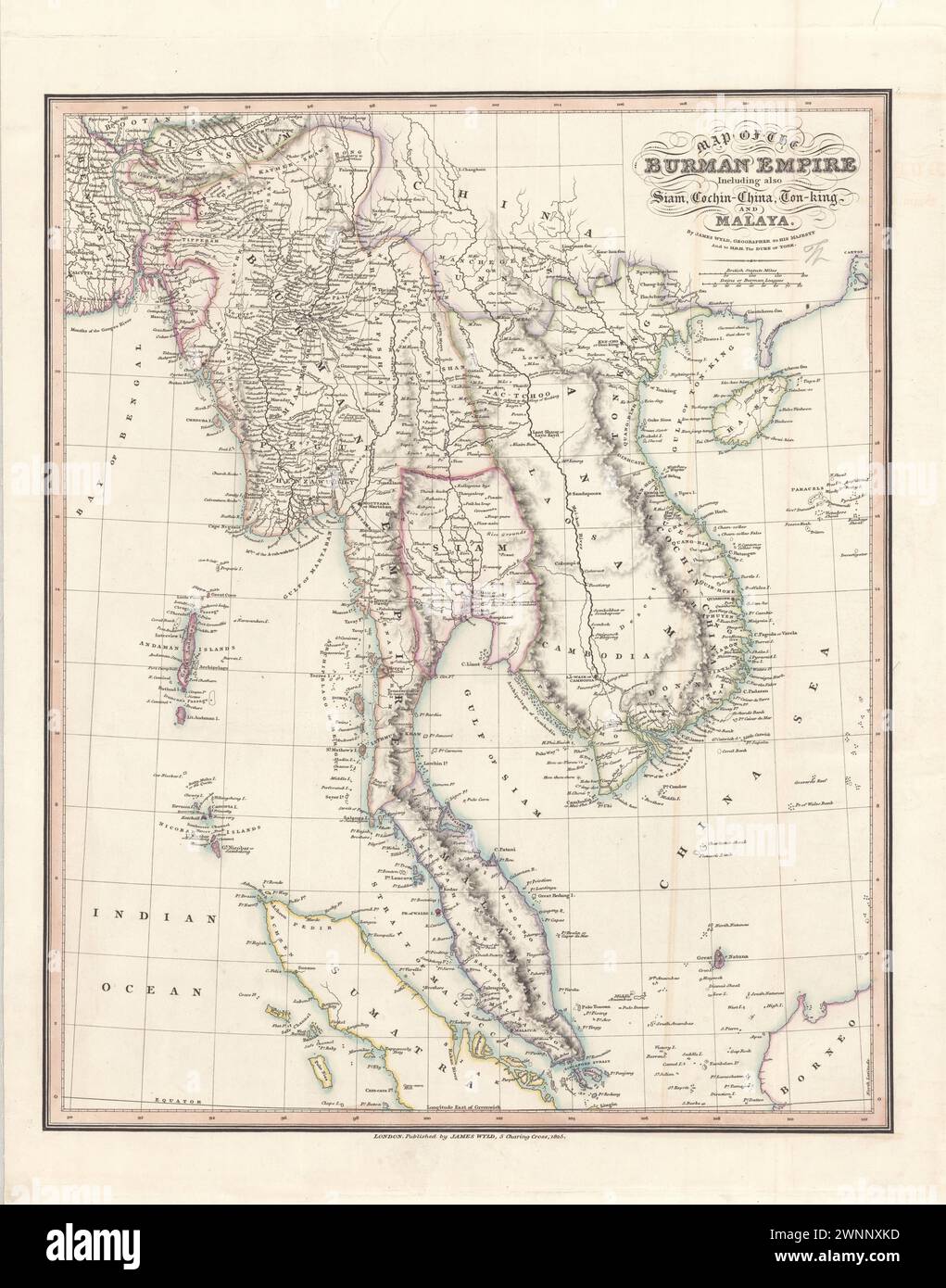 Vintage Geographic Map . Map of the Burman Empire including also Siam ...