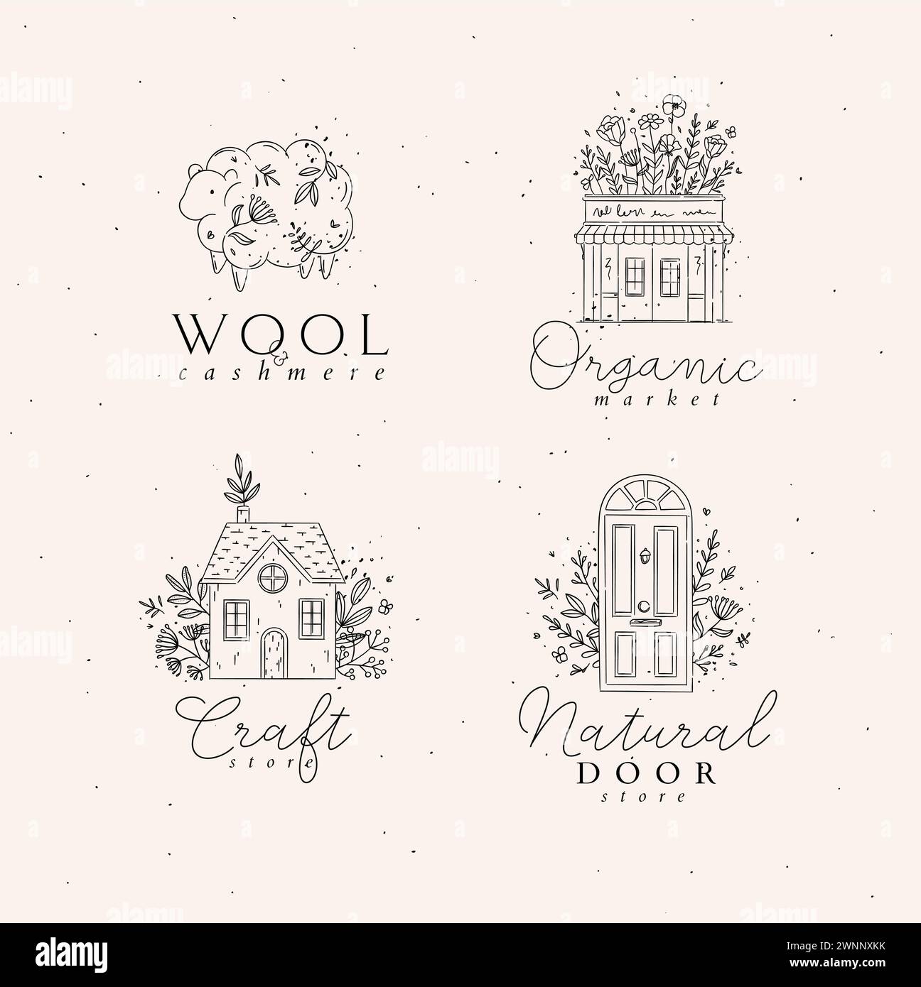 Hand drawn sheep, store, house, door labels drawing in floral style on ...