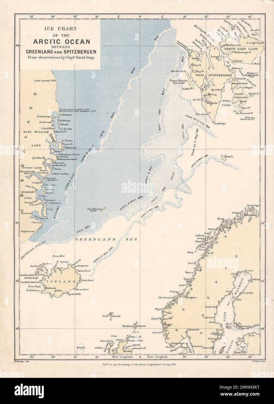 Vintage oceanic Map . Ice chart of the Arctic Ocean between Greenland ...