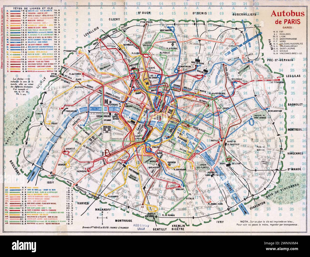 Vintage Transit Map. Paris Map, showing the Bus Route of the city in ...
