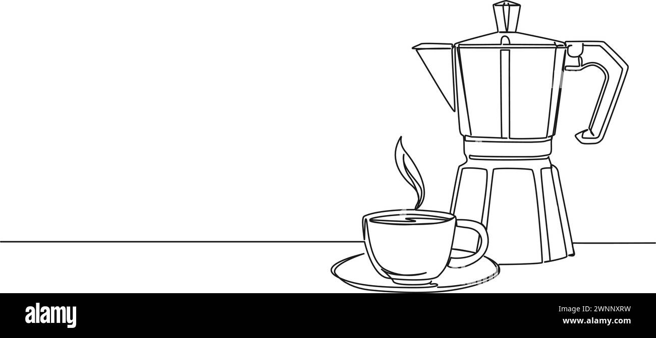 continuous single line drawing of cup of espresso and moka pot, line ...