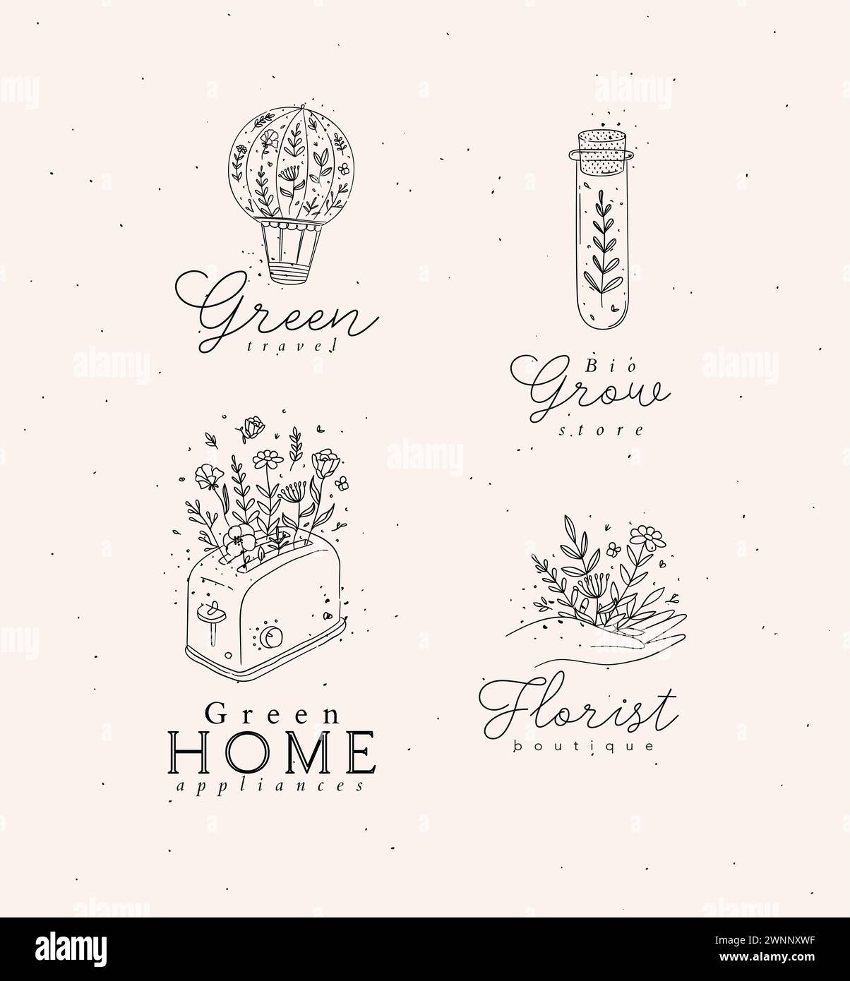 Hand drawn hot air balloon, test tube, hand, toaster labels drawing in ...