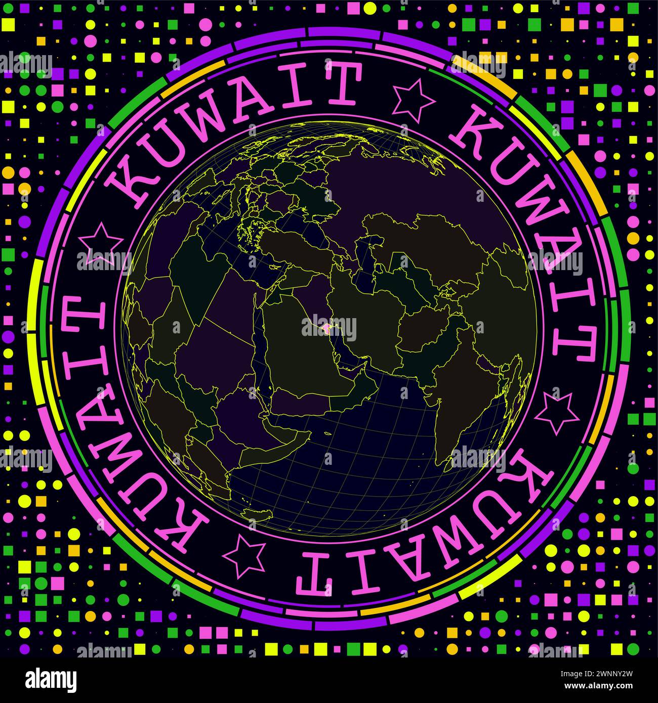 Futuristic Kuwait on globe. Bright neon satellite view of the world ...