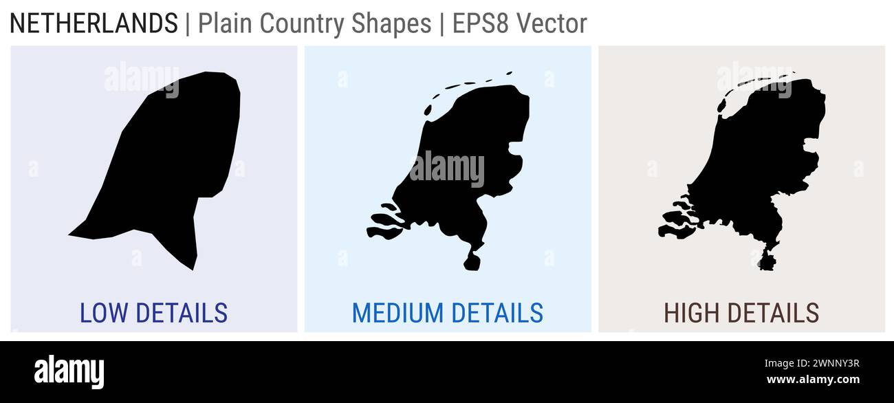 Netherlands - plain country shape. Low, medium and high detailed maps of Netherlands. EPS8 ...