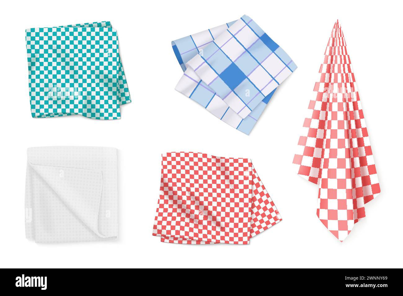 Gingham tablecloths and kitchen towels set. 3D realistic folded table ...