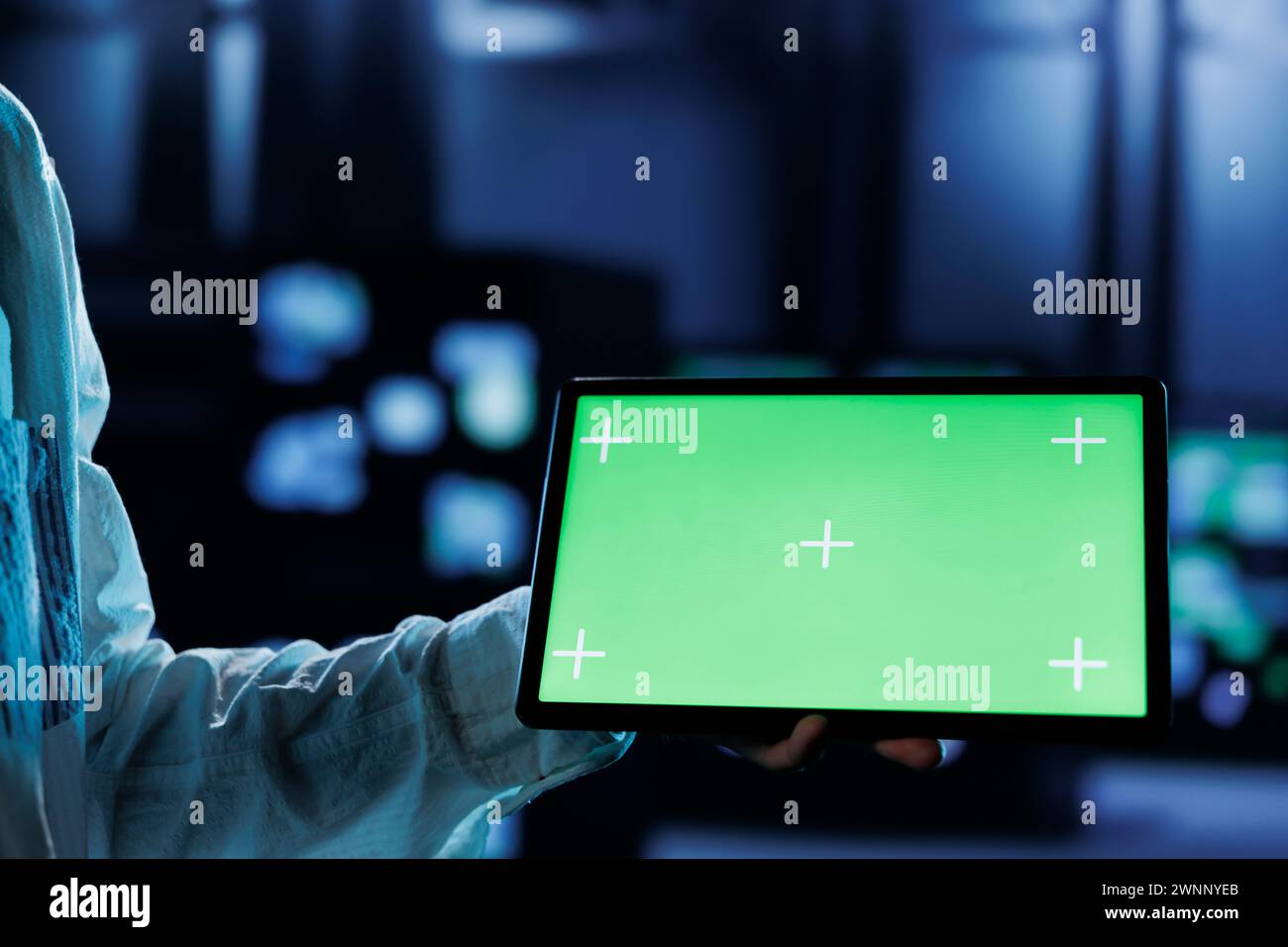 Dara Center System Administrator Running Code And Programming On Isolated Screen Tablet