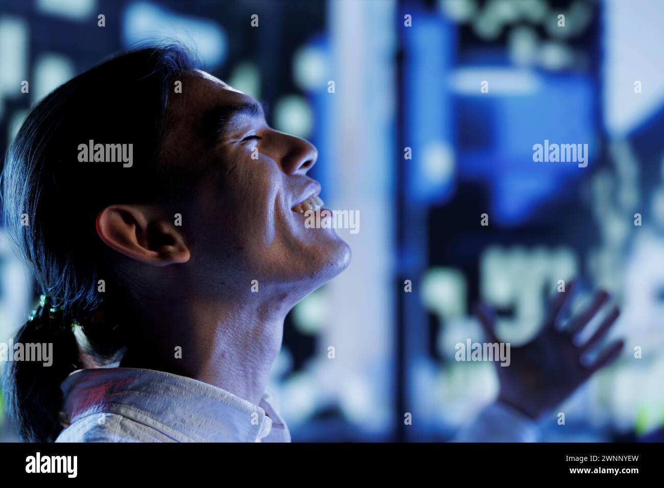 Citizen wandering around city streets at night, enjoying breeze and ...