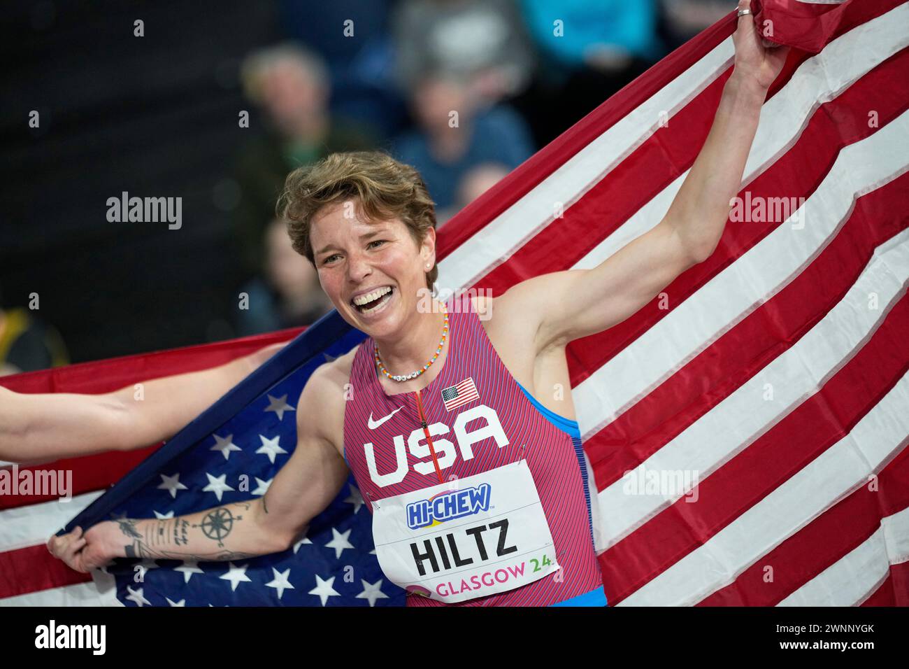 Nikki Hiltz, of the United States, poses after winning the silver medal ...