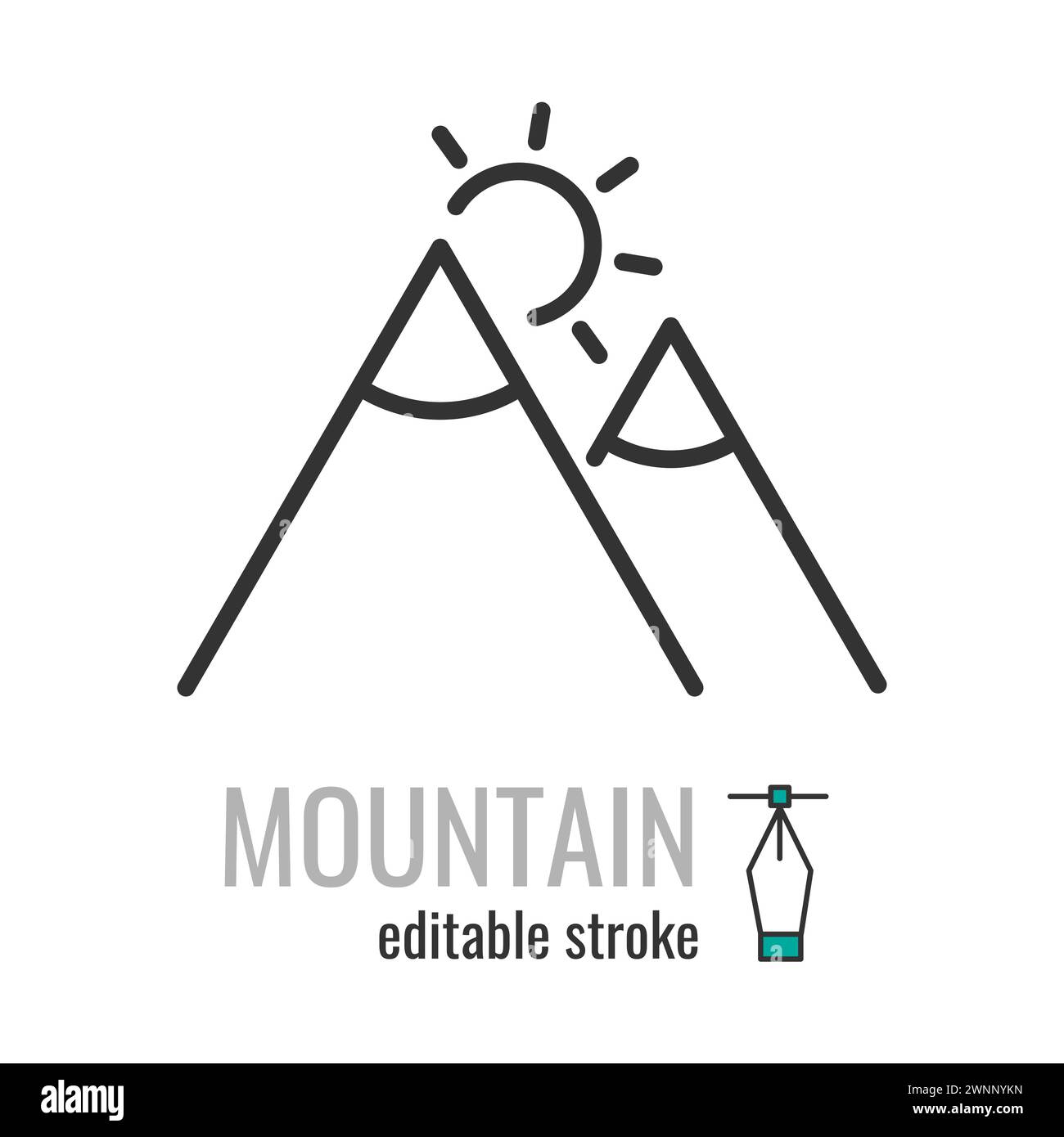 Mountain line icon. Linear style mountain range with sun symbol. Hiking ...