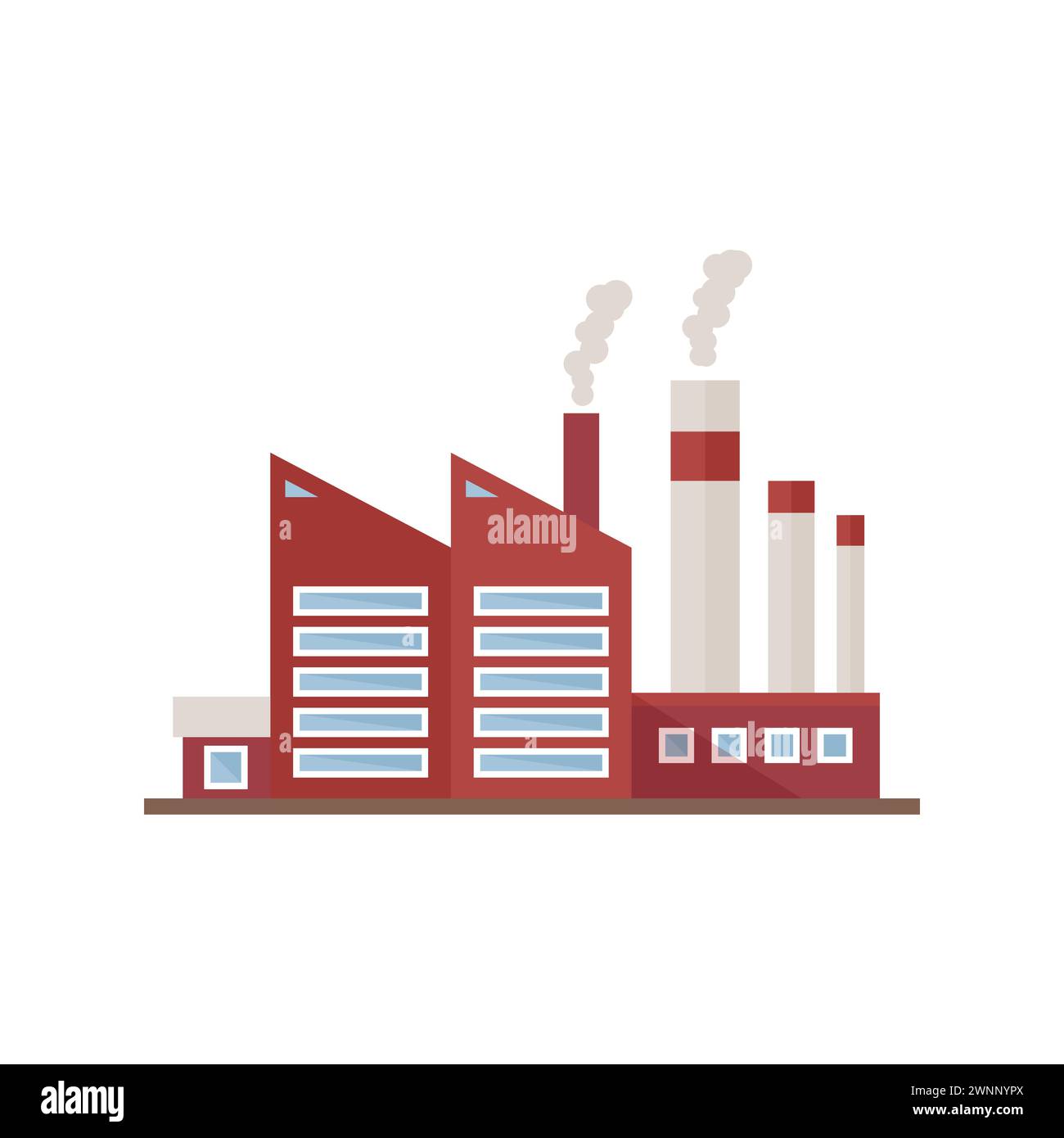 Factory buildings, red hangars and tower chimney with clouds of smog ...
