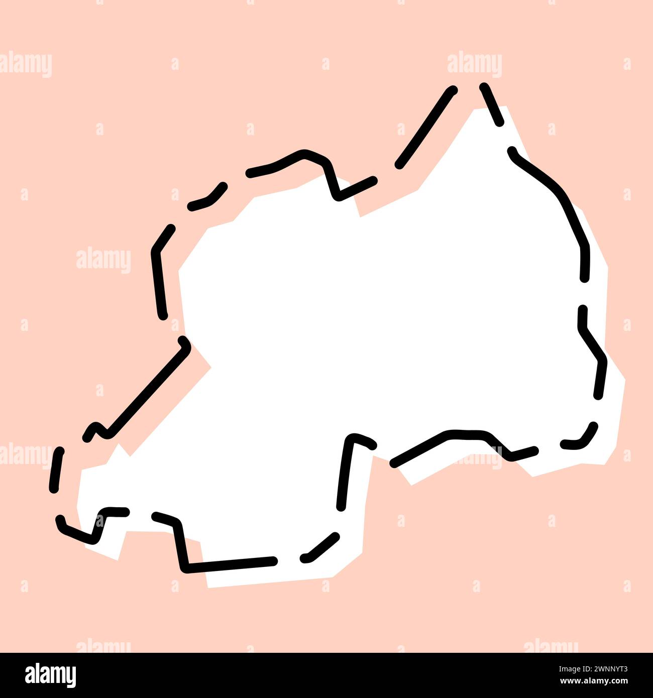 Rwanda country simplified map. White silhouette with black broken ...