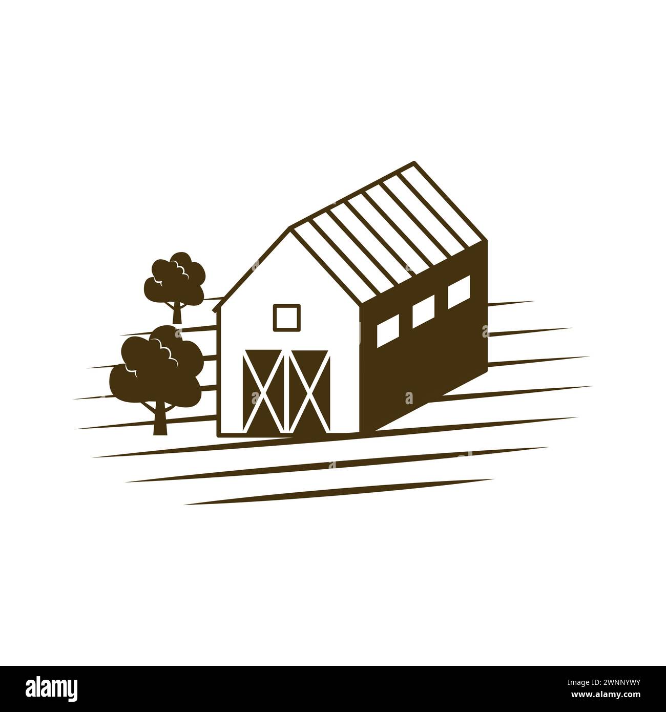 Farm house on field in retro woodcut style, rural barn and trees vector ...